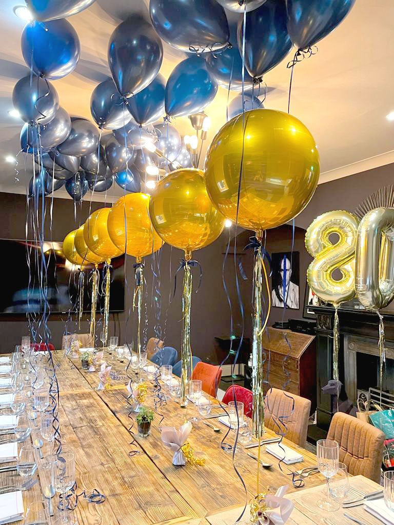 Gold Round Orbs and Balloon Ceiling Installation – beautiful balloons