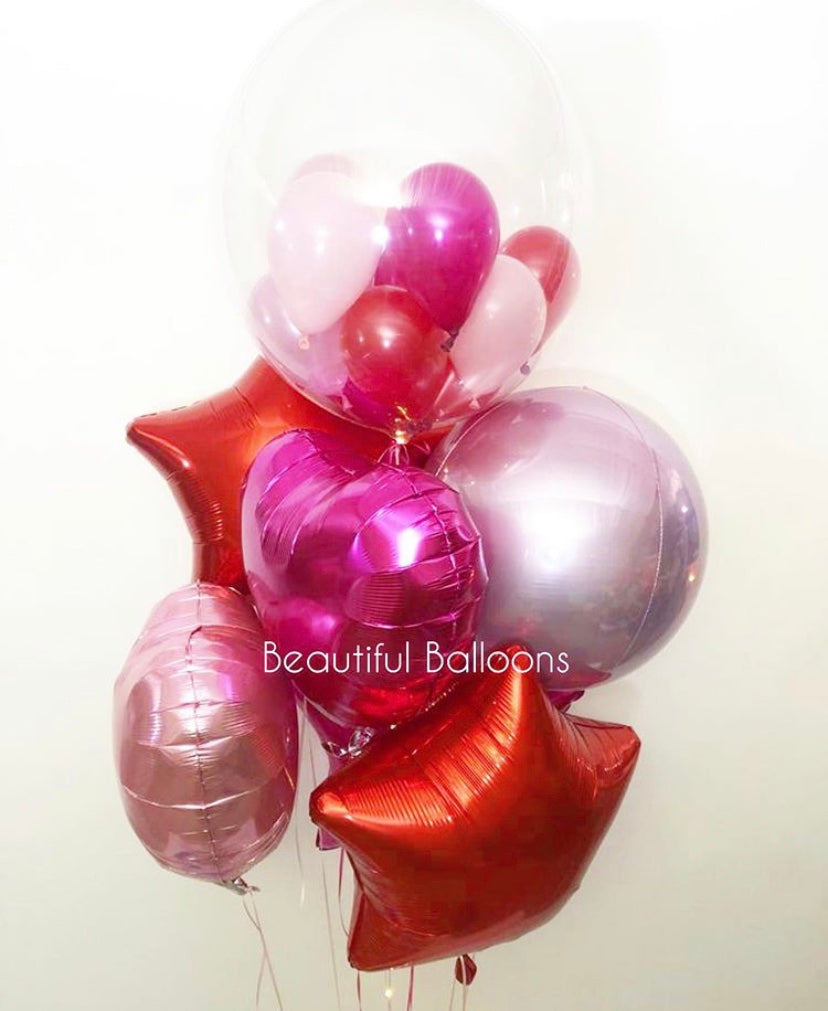 Red, Hot Pink, Pale Pink Bubble and Foils Cluster – beautiful balloons